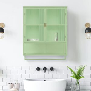 VKTO Bathroom Wall Cabinet with 2 Glass Door, Over The Toilet Storage Metal Hanging Cabinet with Towels Bar and Shelves, Medicine Cabinet for Bathroom Laundry Room Kitchen (Green)