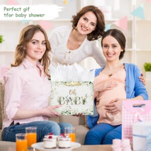 Foxrush 2 Sets of 13" Sage Green Baby Shower Decorations Giftware Bags with Handle, Tissue Papers and Greeting Card for Baby Shower, Giftware Bags for Newborn, Prospective Parents