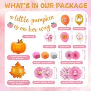 Little Pumpkin Baby Shower Decorations, 38Pcs Pumpkin Baby Shower A Little Pumpkin Is On Her Way Banner, Fall Baby Shower Decorations Girl Maple Leaf Pumpkin Balloons Paper Flower Balls Paper Fans