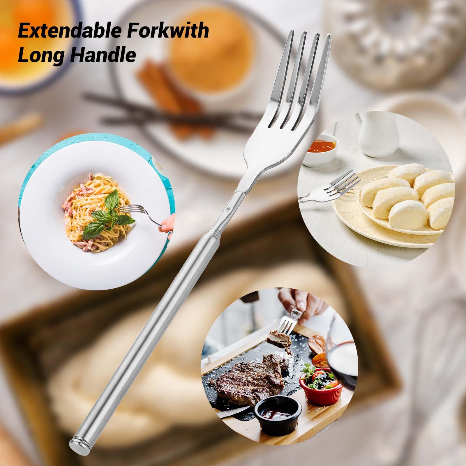 Dimeho Extendable Fork Telescopic Long BBQ Fork with Extendable Handle Stainless Steel Dinner Fork Retractable Tableware Sturdy Durable for Fruit Camping Dessert Up to 25 Inch