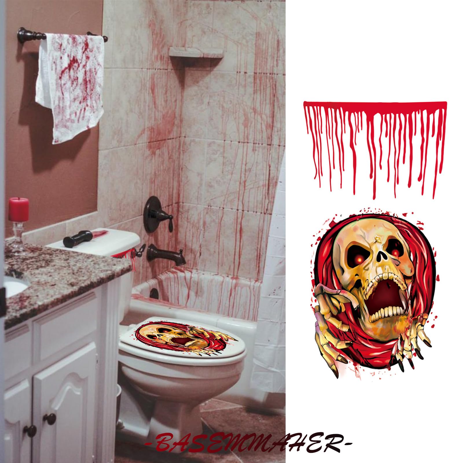 2 Sheets Halloween Toilet Lid Stickers 3D Horror Skull Bathroom Wall Decals DIY Scary Home Decor Bathroom Screaming Bloody Dark Creatures Decoration Poster for Halloween Punk Party Supplies