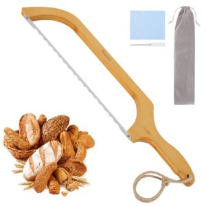 newmenidesign sourdough bread knife with bag: 16'' sharp sourdough slicer with knife protector - cuts easily bread bow knife for every kitchen - durable wooden for fruit cake cheese and baking