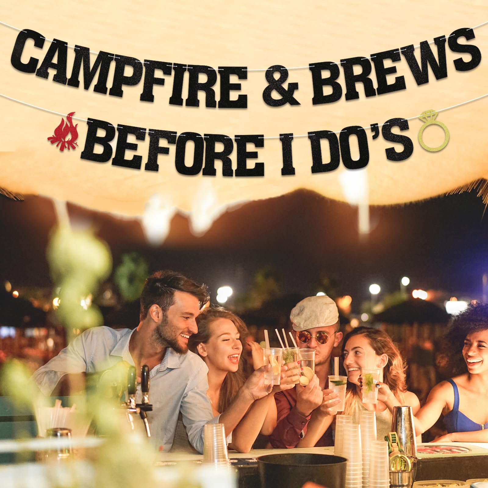 Campfire & Brews Before I Do's Banner - Camp Bachelorette Party Decorations, Mountain Bach Party Decor, Camping Theme Party Bridal Shower Party Decor Black Glitter