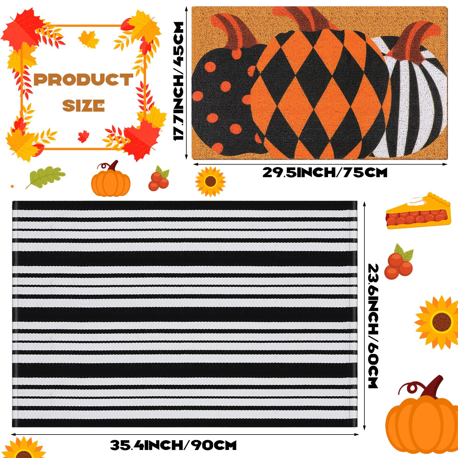 Honoson 2 Pcs Fall Welcome Doormat Thanksgiving Pumpkin Outdoor Door Mat Black White Striped Rug with Autumn Imitation Coir Mats Home Front Porch Door Entryway Decor