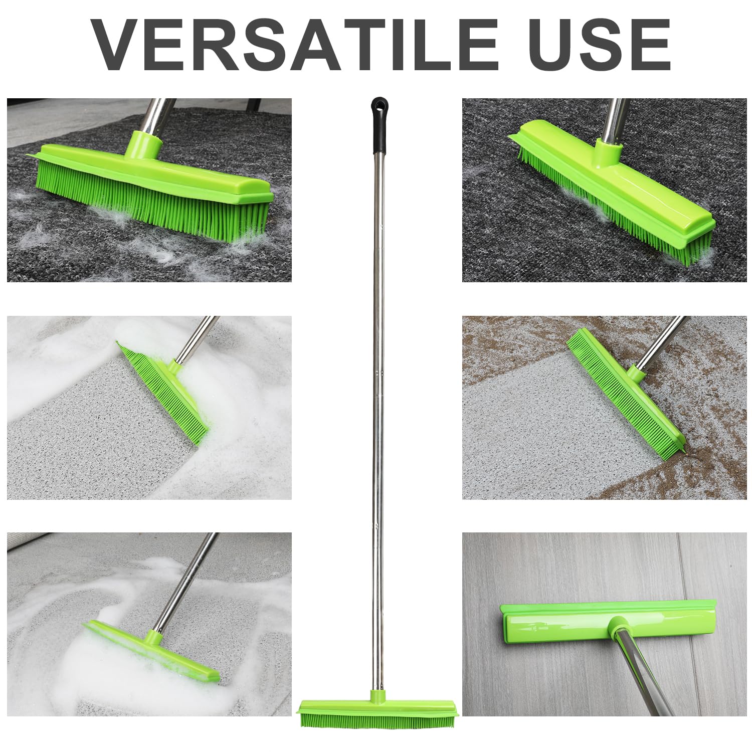 Rubber Broom and Dustpan Set,Pet Hair Removal Rubber Broom with Squeegee and Stainless Steel Dust Pan,Carpet Rake Push Broom and Dustpan for Fluff Hardwood Floor Tile (Green)