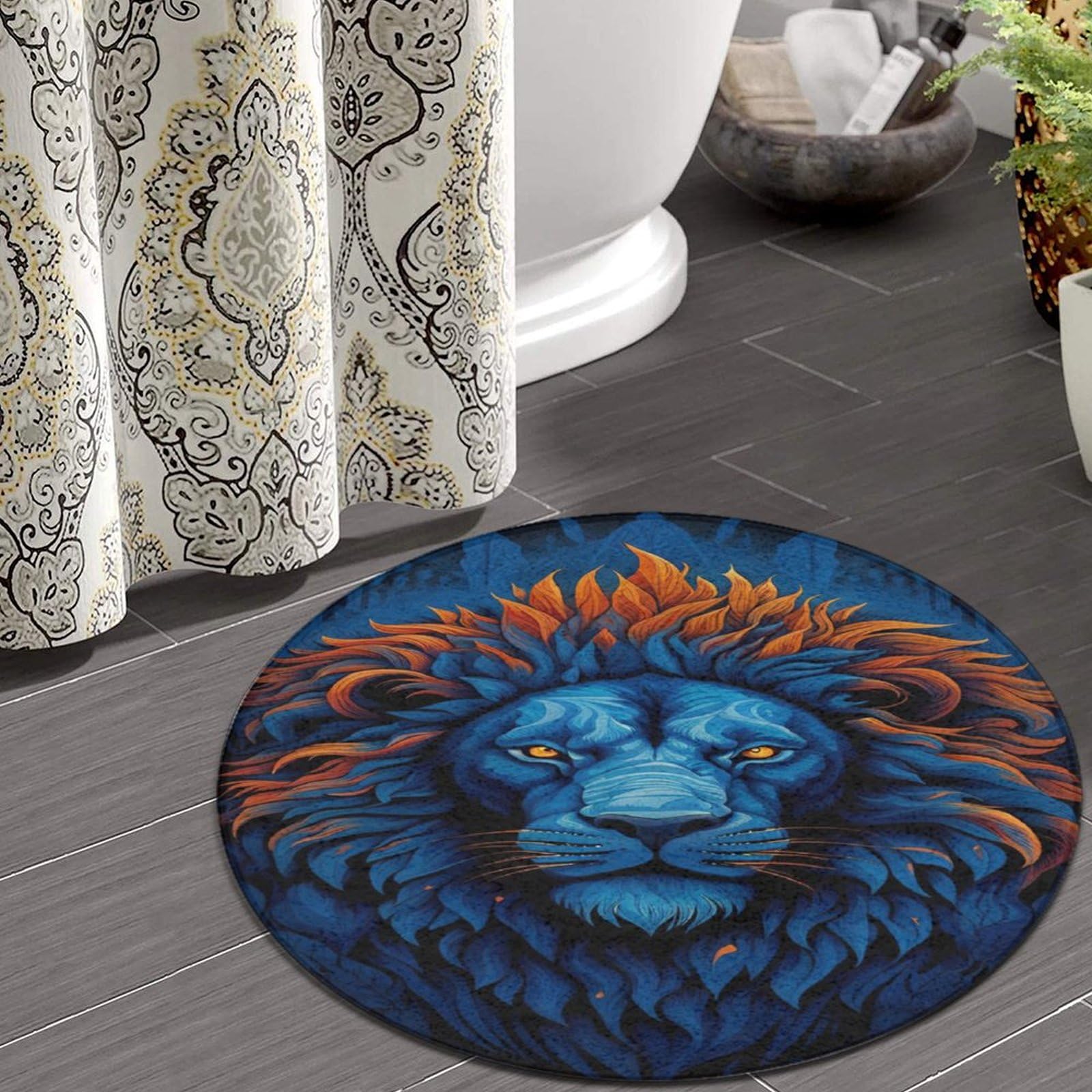 Modern Round Rug African Flaming Lion Blue Art Office Computer Chair Cozy Floor Mat Area Rugs Home Decor Soft Carpets Play Rug, Diameter 24inch 36inch 60inch