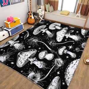 Small 2x3 Machine Washable Area Rug for Living Room Bedroom, Fluffy Non Slip White Mushroom Print Rug Indoor, Carpets for Kids Nursery Bedside Decor, Soft Stain Resistant Area Rugs, Black