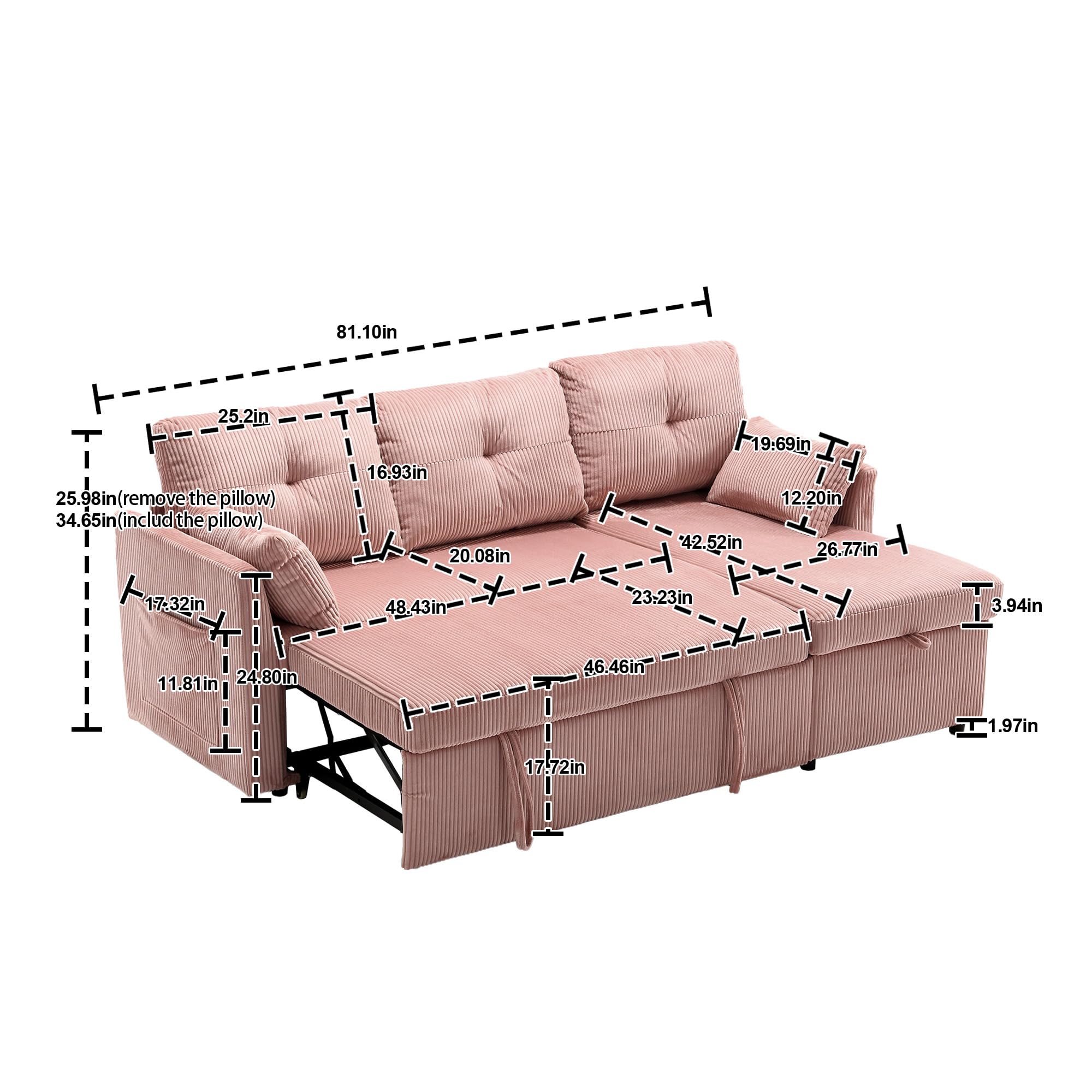 3 Seater Convertible Sleeper Sectional Sofa Bed with Reversible Chaise Lounge and Pull Out Bed , Comfy Corduroy Upholstered Sleeper Corner Couch Bed, L Shaped Pullout Sofabed for Small Places RV