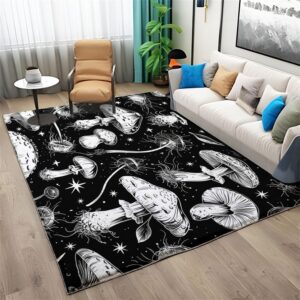 small 2x3 machine washable area rug for living room bedroom, fluffy non slip white mushroom print rug indoor, carpets for kids nursery bedside decor, soft stain resistant area rugs, black