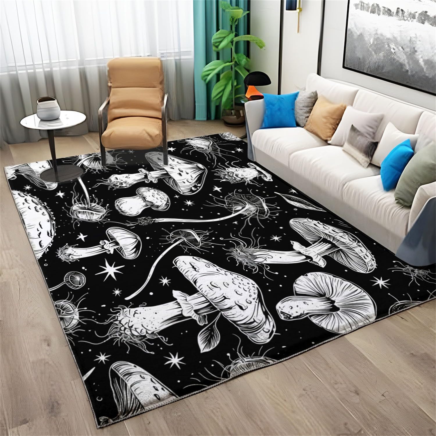 Small 2x3 Machine Washable Area Rug for Living Room Bedroom, Fluffy Non Slip White Mushroom Print Rug Indoor, Carpets for Kids Nursery Bedside Decor, Soft Stain Resistant Area Rugs, Black