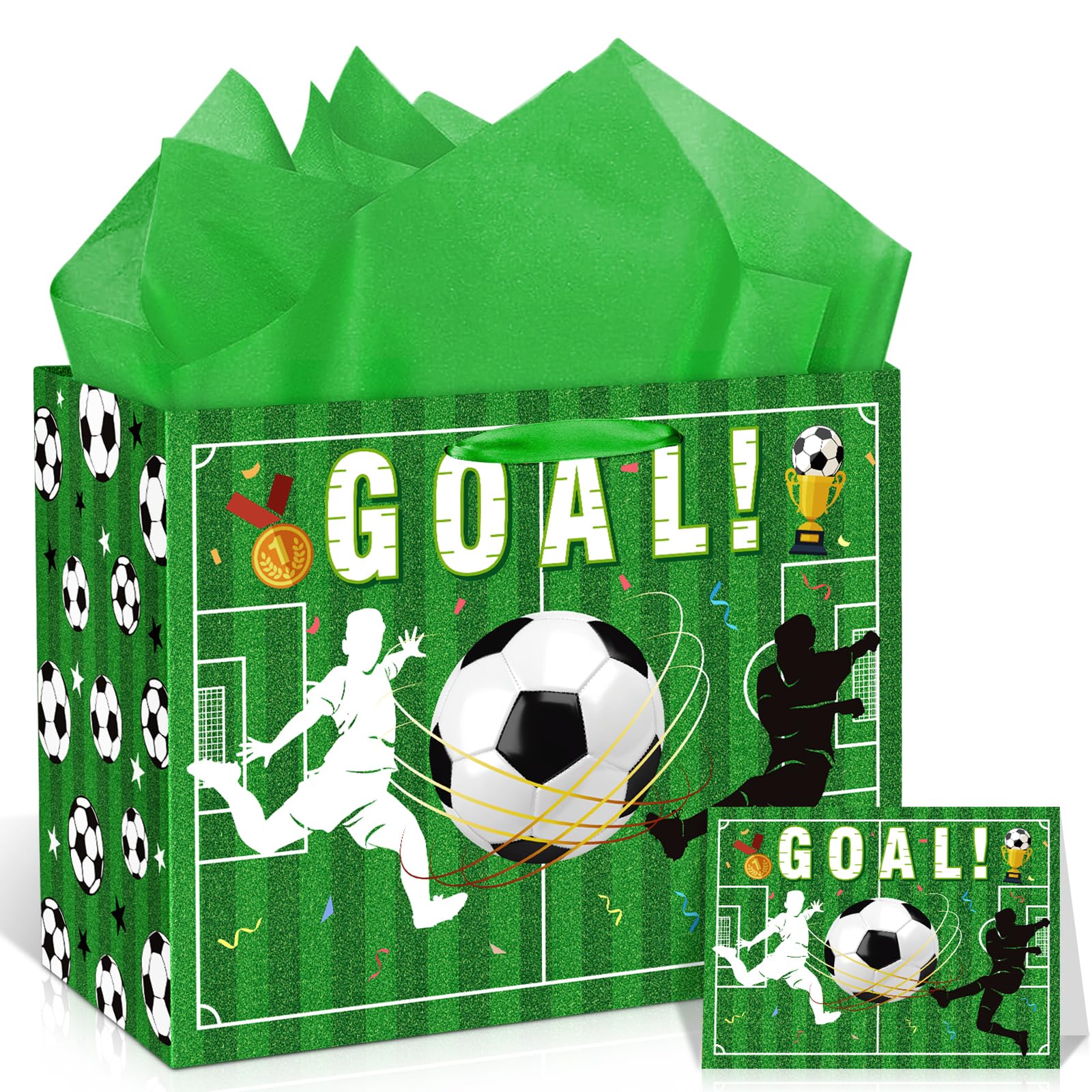 Soccer Party Gift Bag, Large Soccer Gift Wrap Bag with Tissue Paper Goal Greeting Card Decorations for Sports Party Favor Soccer Birthday Goodie Gifts Treat Wrapping Bags for Boys Men Team Supplies