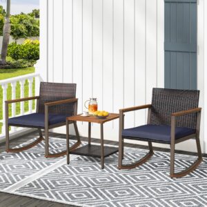 toolsempire outdoor rocking chair set, 3 pieces patio set rocking chair with coffee table & cushions, patio wicker furniture set outdoor bistro set for balcony, porch & backyard (navy blue)