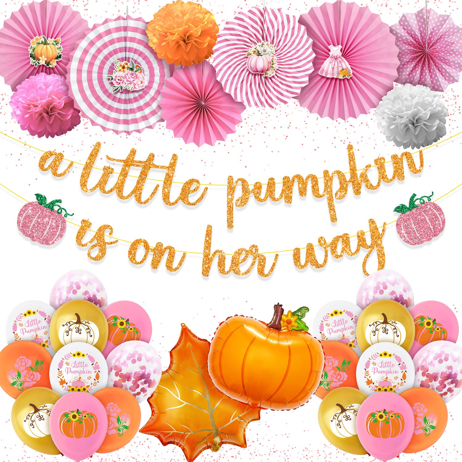 Little Pumpkin Baby Shower Decorations, 38Pcs Pumpkin Baby Shower A Little Pumpkin Is On Her Way Banner, Fall Baby Shower Decorations Girl Maple Leaf Pumpkin Balloons Paper Flower Balls Paper Fans