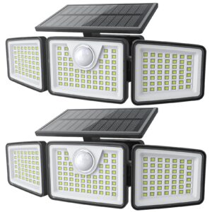 daphino solar lights outdoor 2500lm motion sensor outdoor lights,3 head 355° wide angle street area lights, waterproof security lights with 3 modes(black,non-remote-2 pcs)