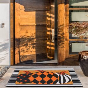 Honoson 2 Pcs Fall Welcome Doormat Thanksgiving Pumpkin Outdoor Door Mat Black White Striped Rug with Autumn Imitation Coir Mats Home Front Porch Door Entryway Decor