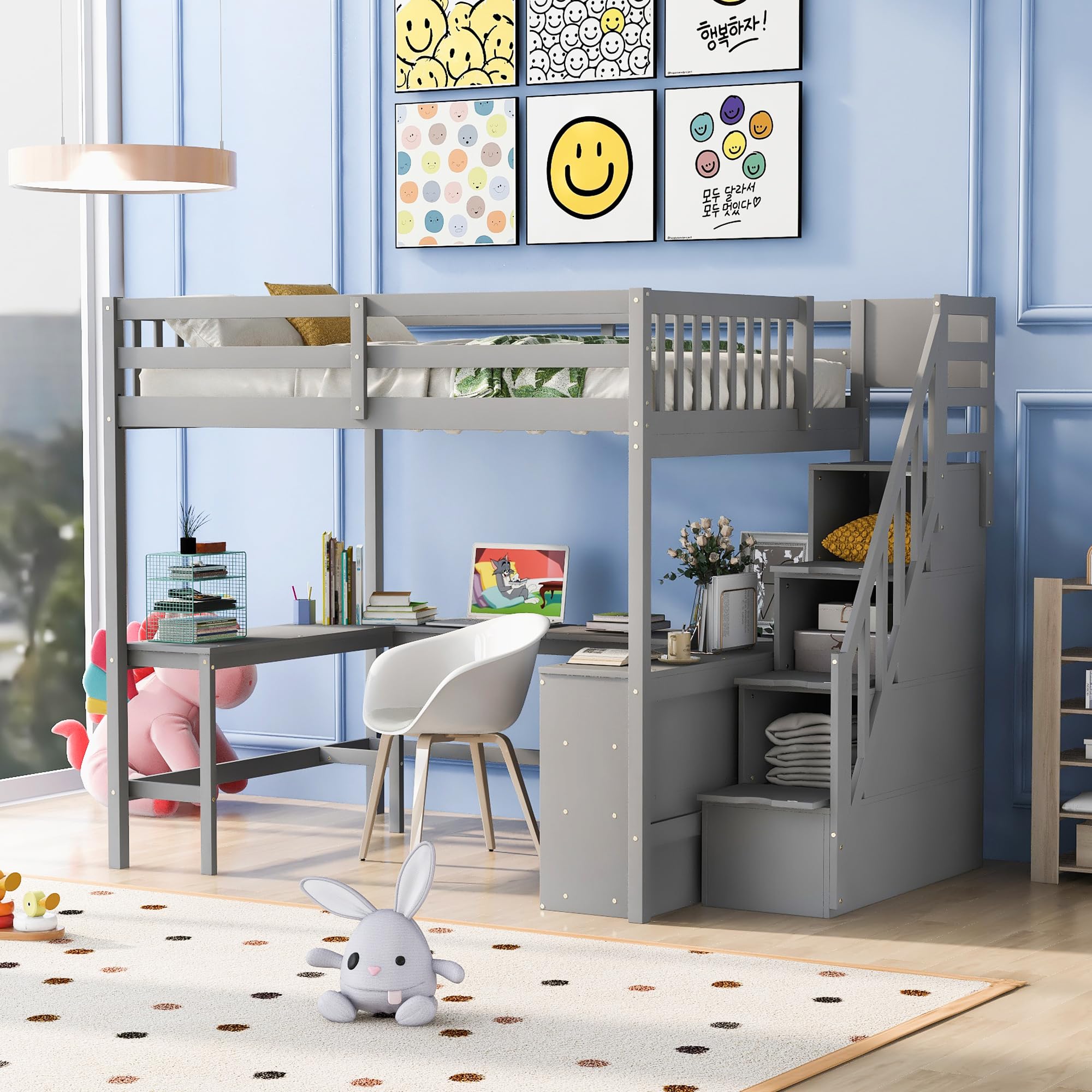 Merax Wood Full Size Loft Bed Frame with Built-in L Shaped Desk & 3 Storage Shelves & Attached Storage Stairs for Kids, No Box Spring Needed, Gray