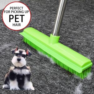 Rubber Broom and Dustpan Set,Pet Hair Removal Rubber Broom with Squeegee and Stainless Steel Dust Pan,Carpet Rake Push Broom and Dustpan for Fluff Hardwood Floor Tile (Green)