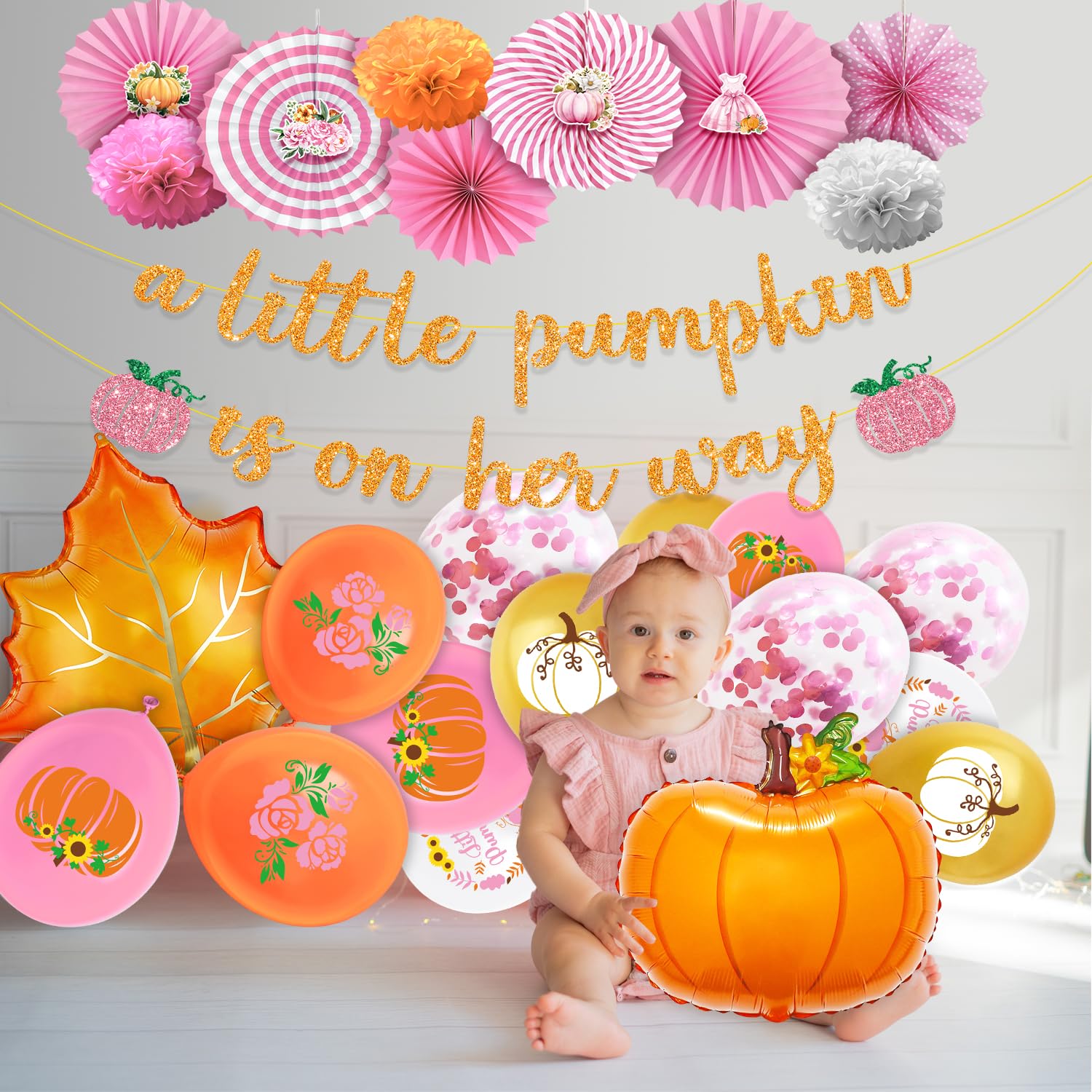 Little Pumpkin Baby Shower Decorations, 38Pcs Pumpkin Baby Shower A Little Pumpkin Is On Her Way Banner, Fall Baby Shower Decorations Girl Maple Leaf Pumpkin Balloons Paper Flower Balls Paper Fans