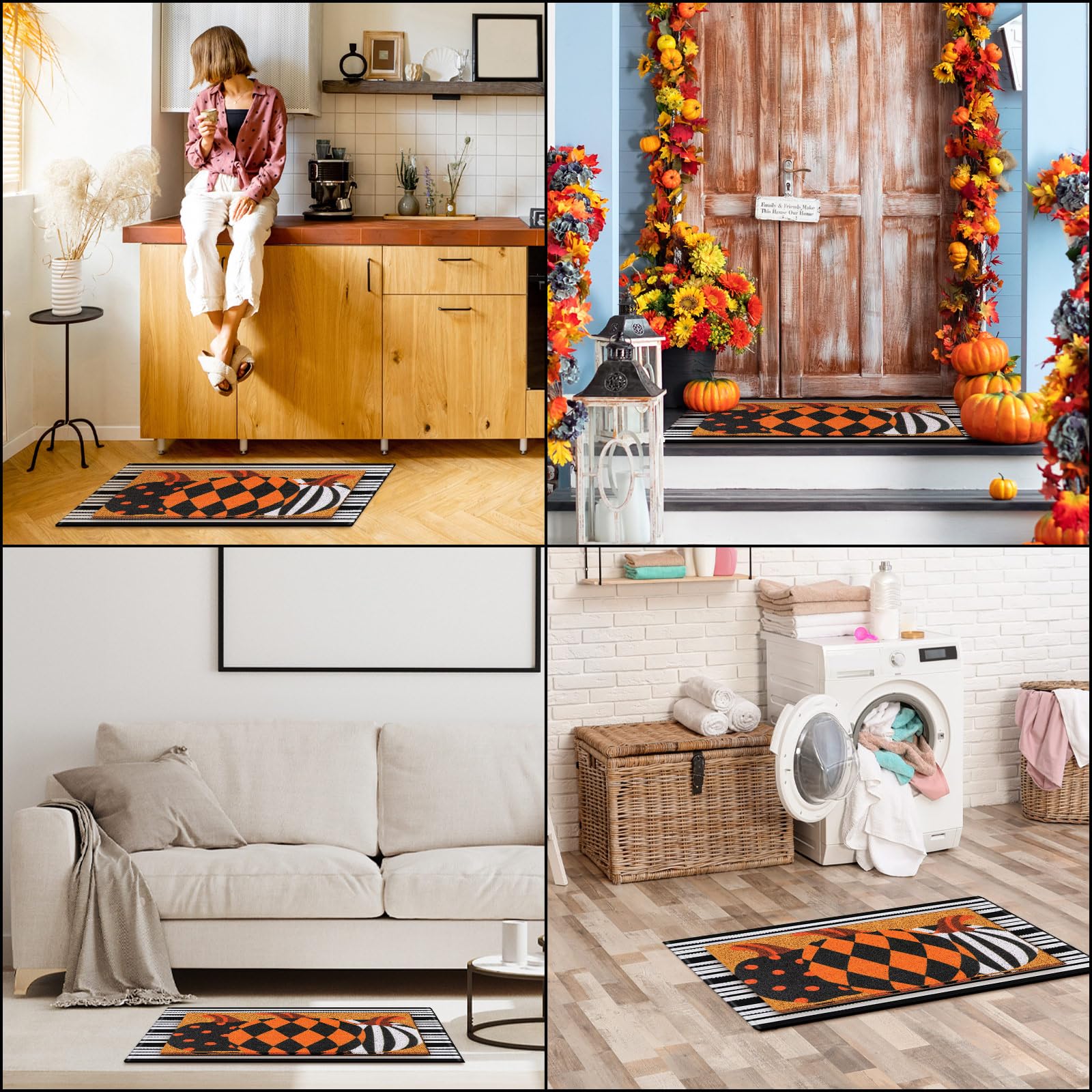 Honoson 2 Pcs Fall Welcome Doormat Thanksgiving Pumpkin Outdoor Door Mat Black White Striped Rug with Autumn Imitation Coir Mats Home Front Porch Door Entryway Decor