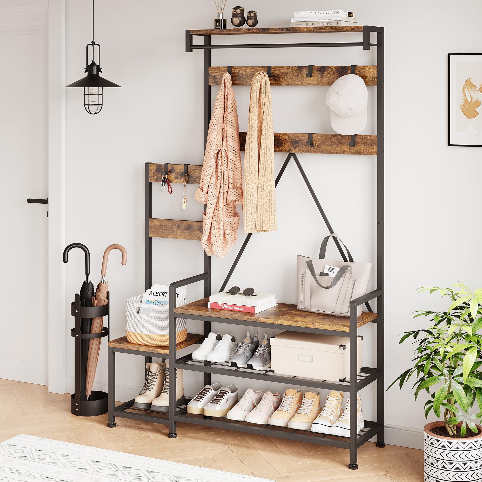 IDEALHOUSE Hall Tree with Bench and Shoe Storage Parent-Child Coat Rack Shoe Bench Industrial Coat Tree Entryway Large Organizer with Shoe Rack, Storage Cubbies, Hooks, and Top Shelf