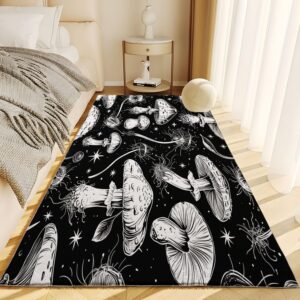 Small 2x3 Machine Washable Area Rug for Living Room Bedroom, Fluffy Non Slip White Mushroom Print Rug Indoor, Carpets for Kids Nursery Bedside Decor, Soft Stain Resistant Area Rugs, Black