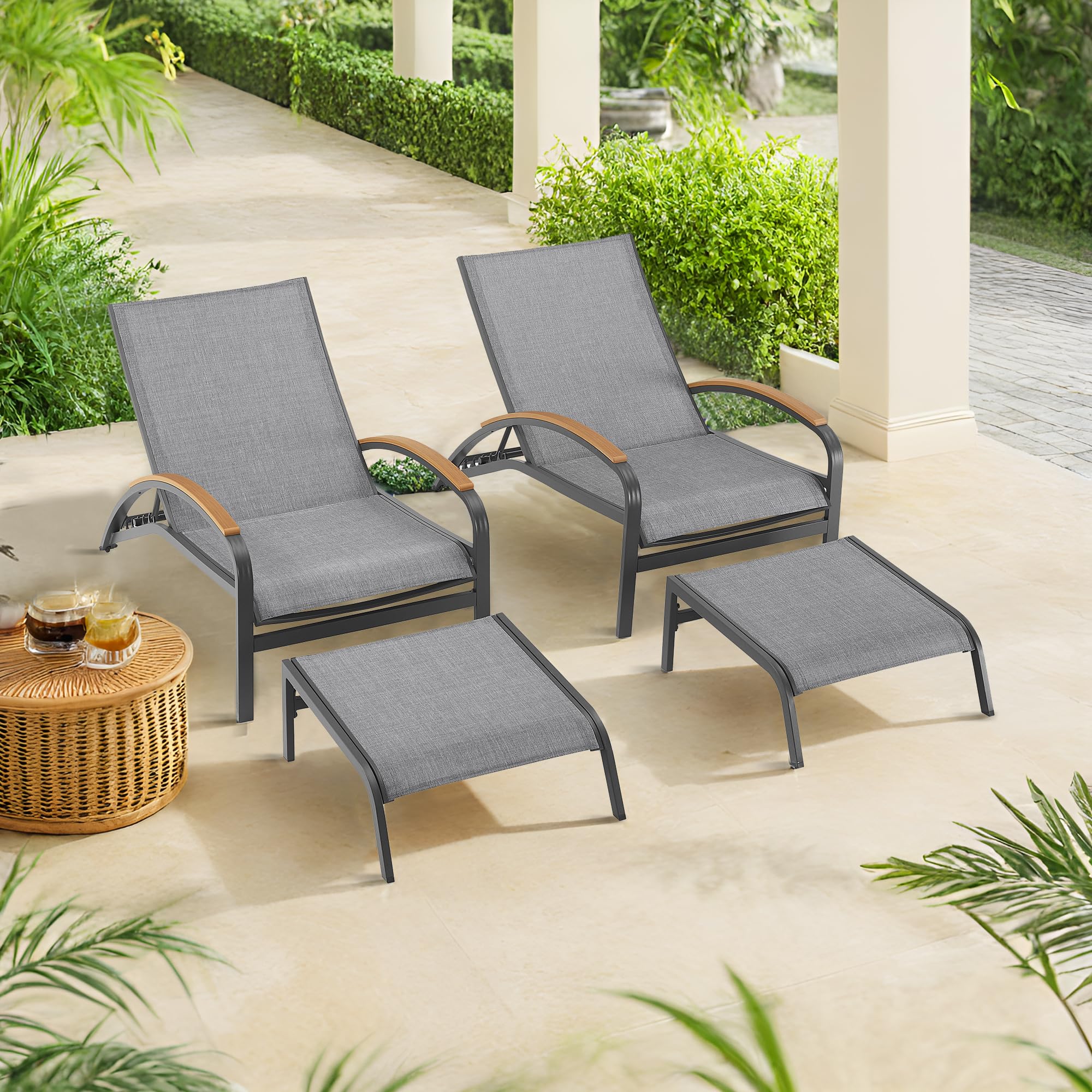 Ulax furniture Outdoor Chaise Lounges, Set of 2, Patio Aluminum Convertible Lounger Chairs with Phifertex Fabric