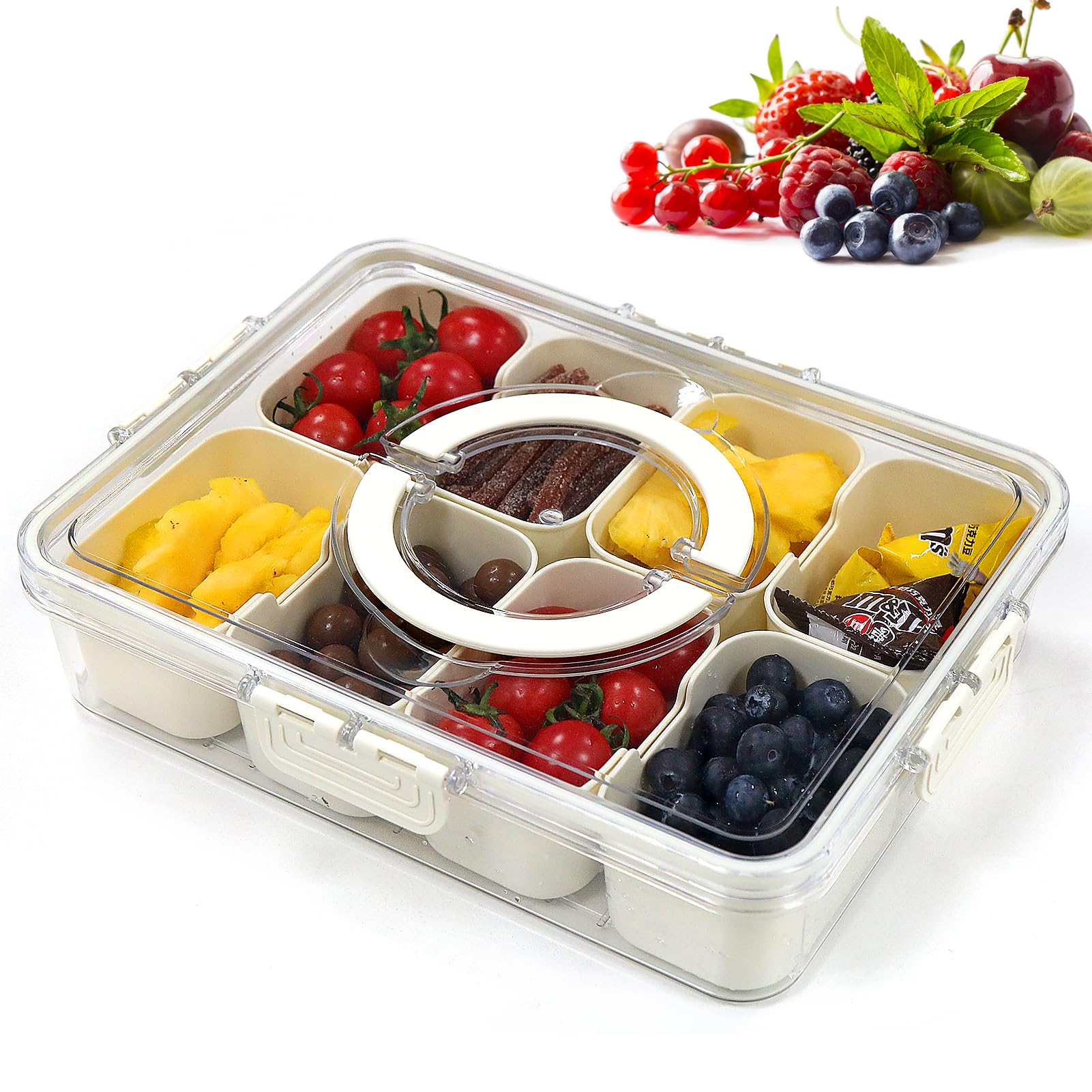 Divided Serving Tray with Lid and Handle - 8 Compartment Snackle Box Charcuterie Container, Food Container,Snack Tackle Box,Clear Snack Organizer Travel,For Party,Road Trips,Picnic,Sport Games 1pack