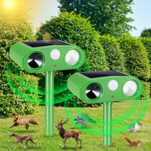 2 pcs ultrasonic animal repellent outdoor solar animal repeller waterproof with motion sensor & strobe light alarm sound animal deterrent for cat squirrel raccoon deer fox coyote skunk bird repellent