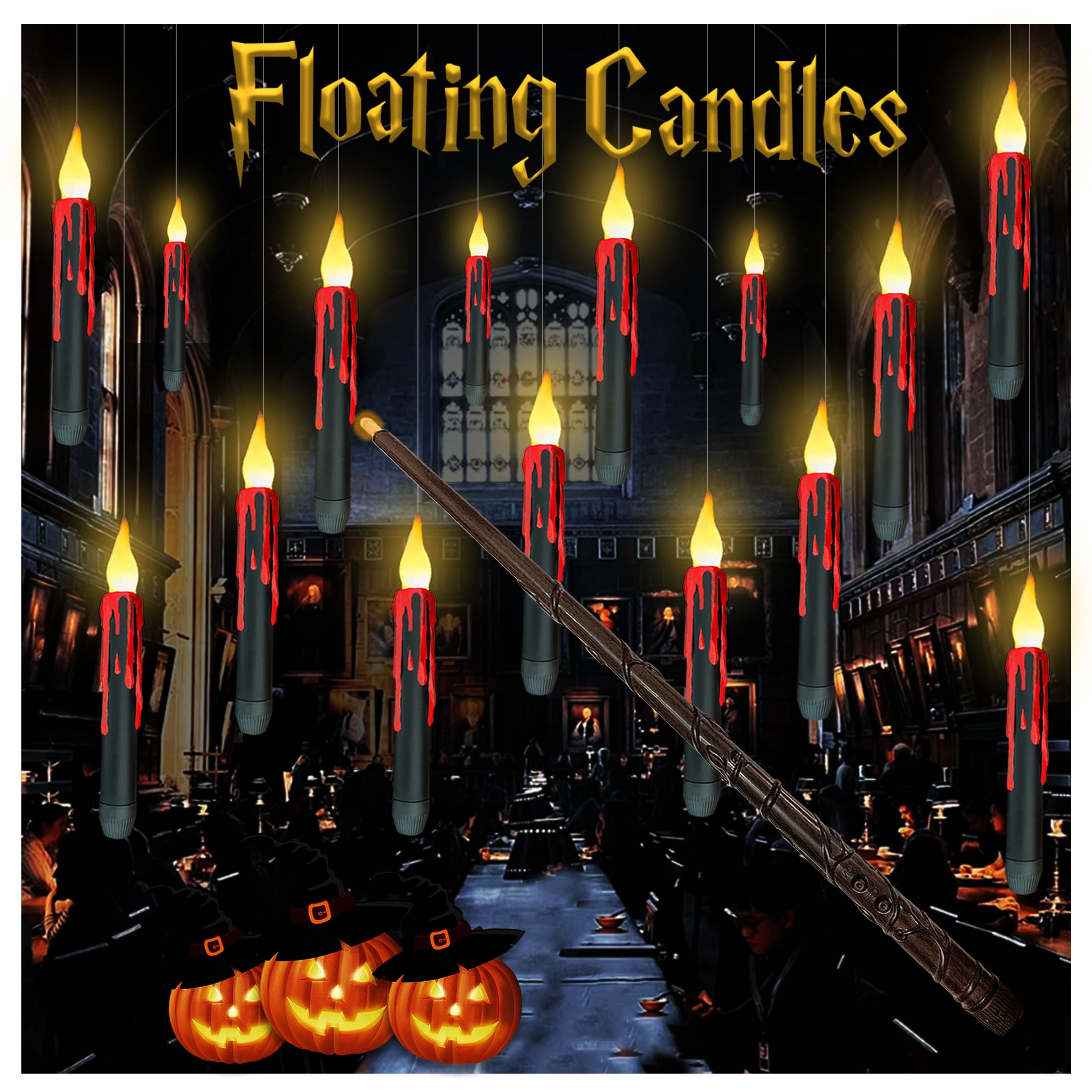 Qaeshi Floating Candles with Wand Remote, 10Pcs Magic Warm Flickering Flameless Hanging Candles,Battery Operated Window LED Taper Lights for Halloween Christmas Decor Home Party