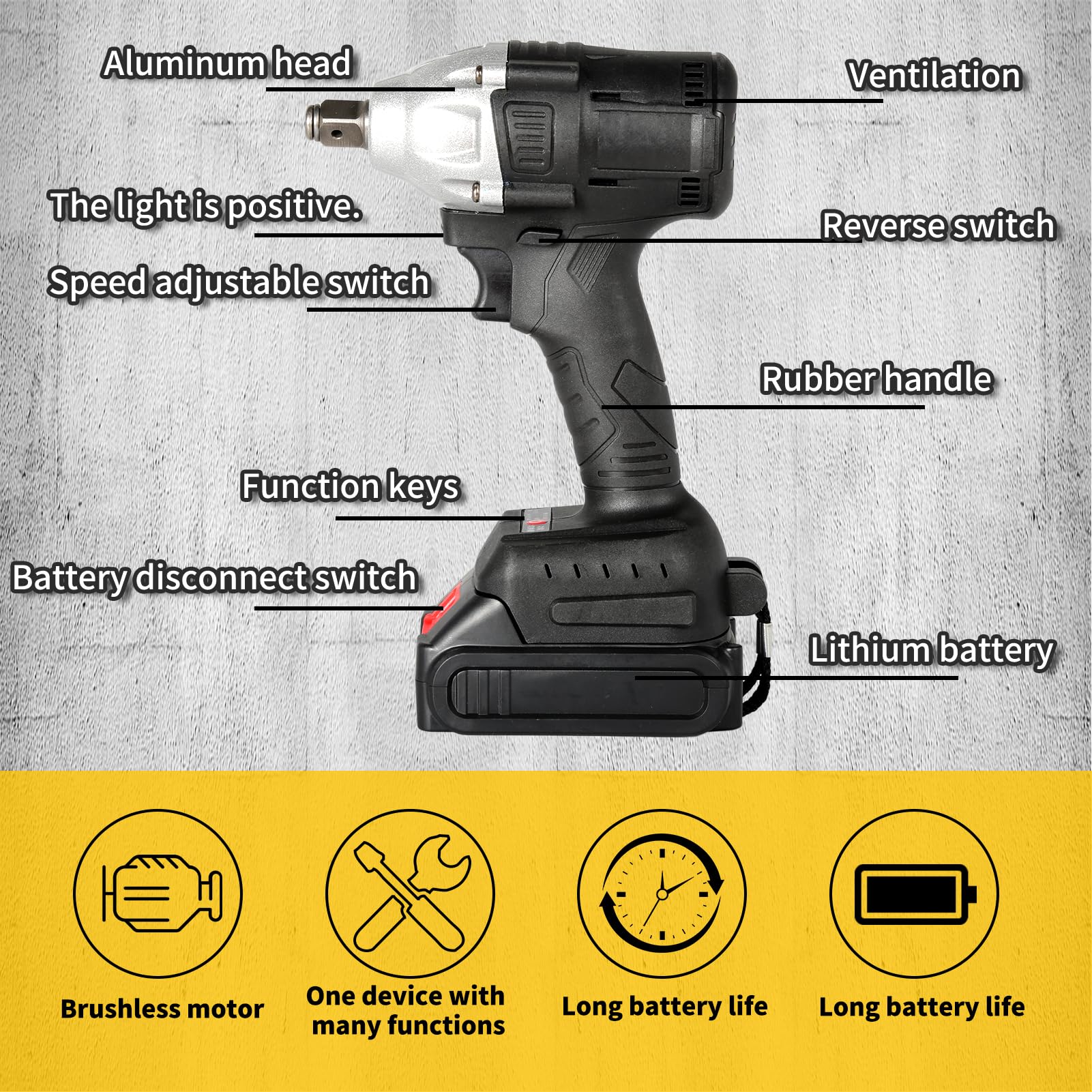 Jadeshay 21V Cordless Impact Wrench with Brushless Motor, Rechargeable Electric Screwdriver, Includes Fast Charger & LED Light, US Plug, Black