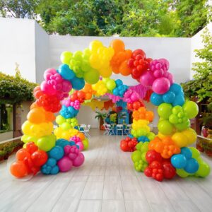 kozee mexican fiesta balloon garland arch kit 156 pcs hot pink lime green orange red blue yellow rainbow balloons for fiesta day of the dead theme birthday baby shower party decorations