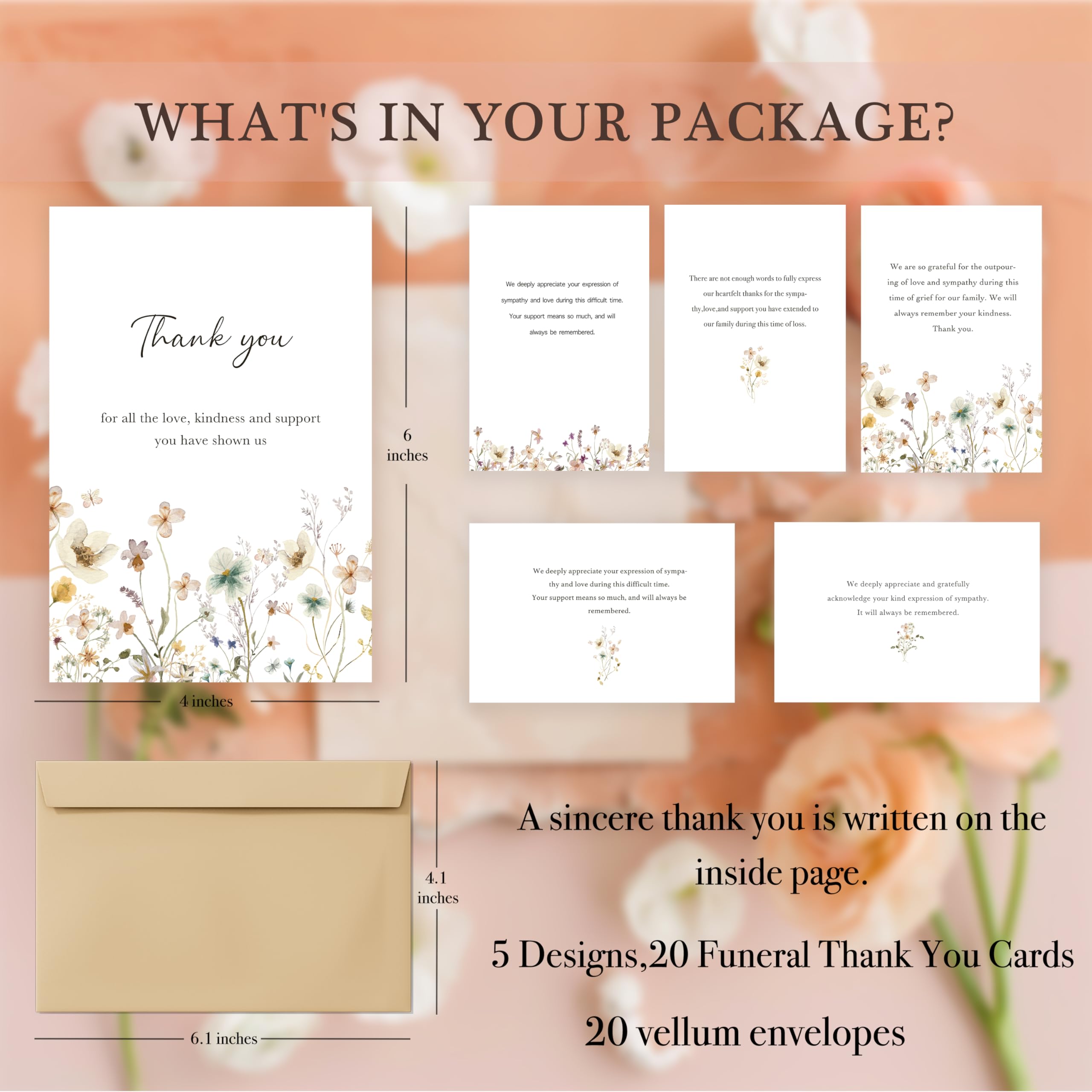 Funeral Thank You Cards with Envelopes,20 Sheets-4*6 inches Flowers Thank You Cards for Funerals,Ffuneral Thank You Cards with Messages Inside are Suitable for Family, Friends, and Loved Ones