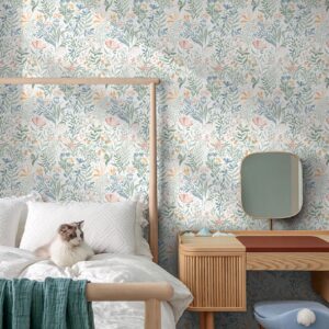 Fititem Floral Peel and Stick Wallpaper Floral Boho Contact Paper Flower Wallpaper Removable Self Adhesive Wallpaper Wildflower Botanical Nursery Wallpaper Bedroom Bathroom Waterproof Leaf 17.3”×78.7”