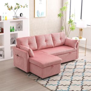 3 Seater Convertible Sleeper Sectional Sofa Bed with Reversible Chaise Lounge and Pull Out Bed , Comfy Corduroy Upholstered Sleeper Corner Couch Bed, L Shaped Pullout Sofabed for Small Places RV