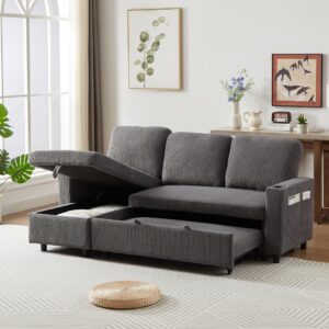 fanye l-shaped 3-seaters reversible sleeper sectional convertible sofabed comfortable corduroy upholstered corner sofa with pull out sleep couch bed and cupholders for compact space living room