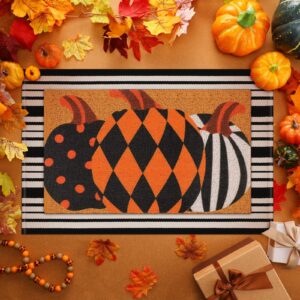 Honoson 2 Pcs Fall Welcome Doormat Thanksgiving Pumpkin Outdoor Door Mat Black White Striped Rug with Autumn Imitation Coir Mats Home Front Porch Door Entryway Decor