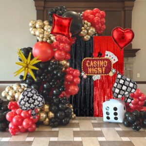 153pcs casino theme party decorations, black red gold balloon garland arch kit with starburst dice poker foil balloons, foil fringle curtain backdrops