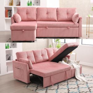 3 seater convertible sleeper sectional sofa bed with reversible chaise lounge and pull out bed , comfy corduroy upholstered sleeper corner couch bed, l shaped pullout sofabed for small places rv