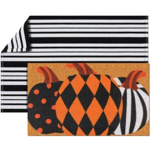 honoson 2 pcs fall welcome doormat thanksgiving pumpkin outdoor door mat black white striped rug with autumn imitation coir mats home front porch door entryway decor