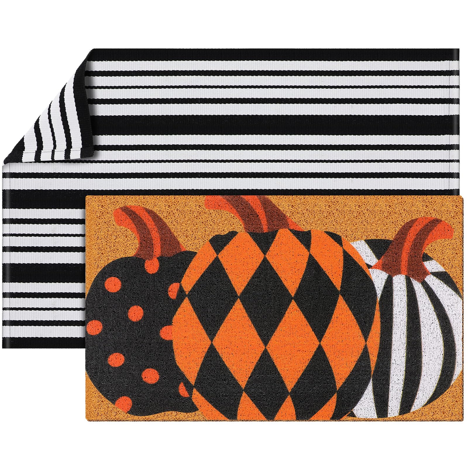 Honoson 2 Pcs Fall Welcome Doormat Thanksgiving Pumpkin Outdoor Door Mat Black White Striped Rug with Autumn Imitation Coir Mats Home Front Porch Door Entryway Decor