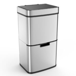 ufurpie 16 gallon double layer trash can with automatic lid, double compartment bin inner buckets, touchless smart sensor stainless steel thickened garbage can, waste bin for home, kitchen, office