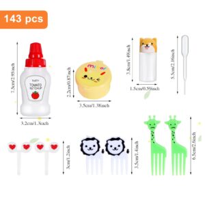 YHCHLHFF 143 Pcs Bento Box accessories Condiment Squeeze Bottles Kids Lunch Accessories Reusable Sauce Containers Mini Ketchup Bottle And Animal Fruit Food Toothpicks