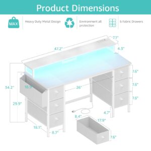 Lufeiya White Computer Desk with Fabric Drawers & Storage Shelves, 47 inch Home Office Desk with Monitor Stand, Gaming Desk with LED Lights and Power Outlets, White