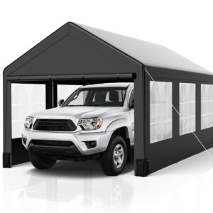 Carport 10x20ft Portable Garage, Heavy Duty Car Canopy with Roll-up Ventilated Windows & Side Doors, All-Season Tarp Car Port for SUV, Car, Truck, Boat