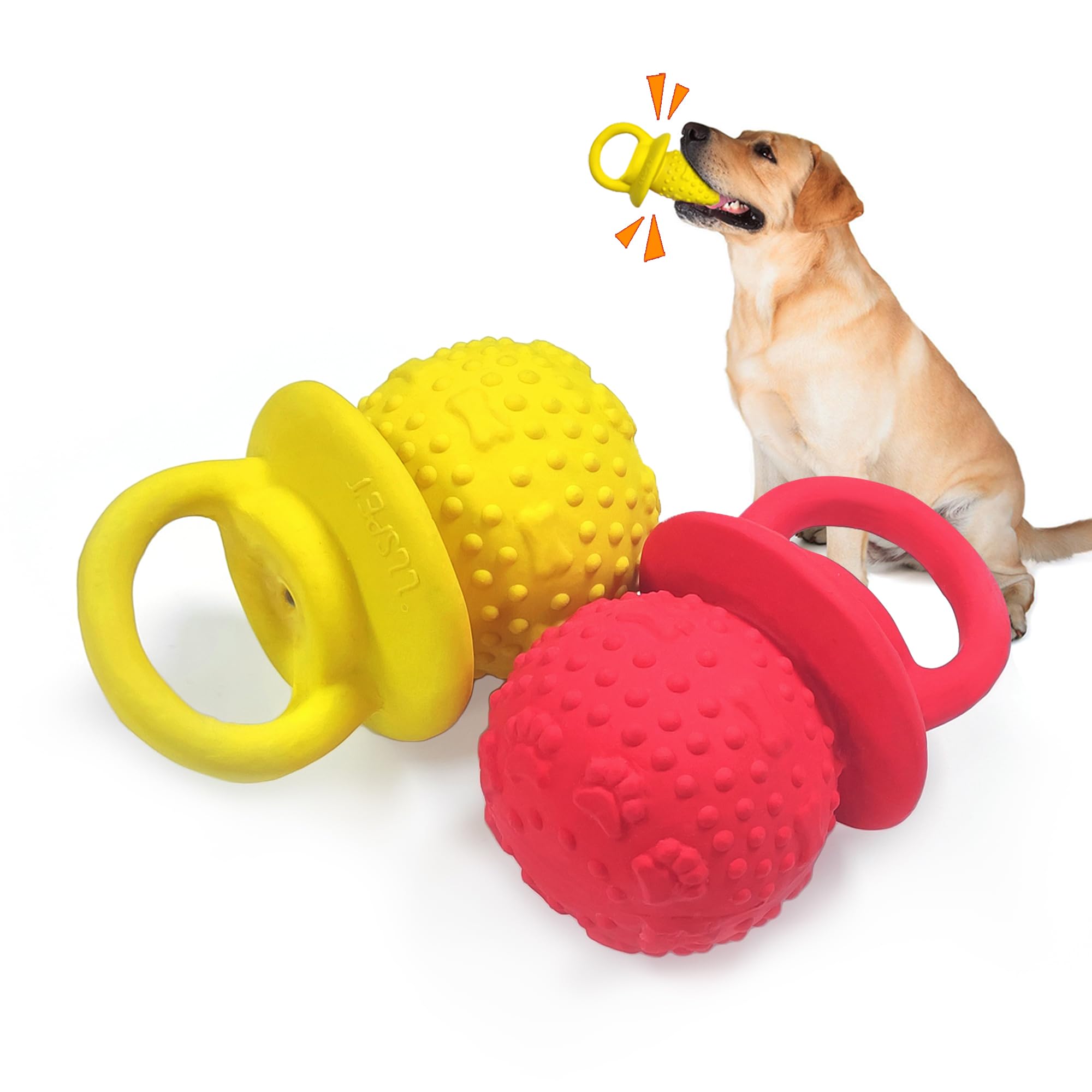 LLSPET Latex Chew Dog Toys, Novelty Squeaky Pacifier Dog Toys for Teething Puppies, Mild Chewing Small, Medium, Large Dogs, Pet Dogs Supplies Newborn Puppy Gift (2 Pcs, Red+Yellow