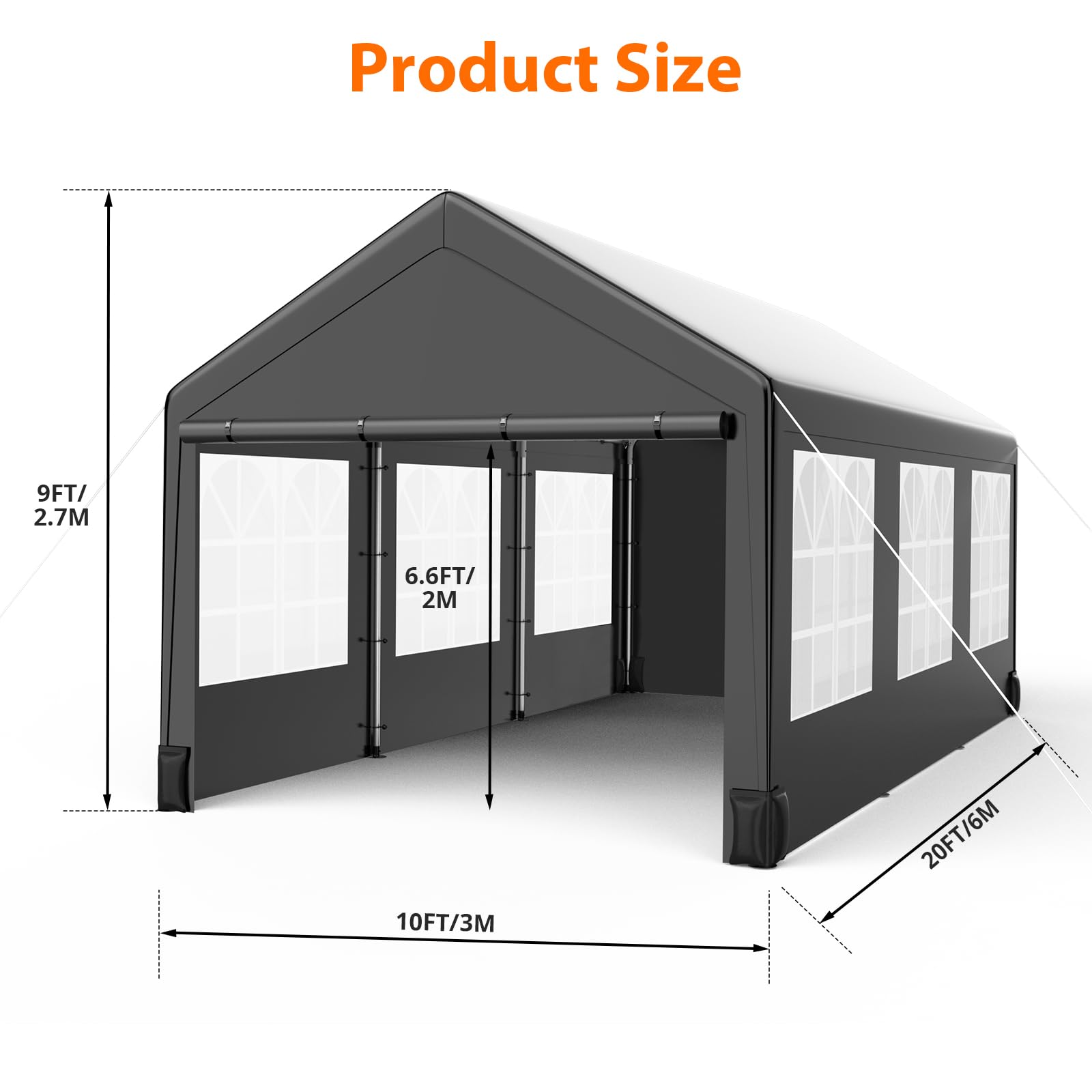 Carport 10x20ft Portable Garage, Heavy Duty Car Canopy with Roll-up Ventilated Windows & Side Doors, All-Season Tarp Car Port for SUV, Car, Truck, Boat