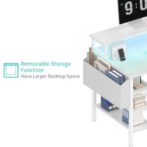 Lufeiya White Desk with Storage Shelves - 47 inch Home Office Gaming Desk with Monitor Stand, Computer Desk with LED Lights and Power Outlets, White