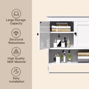 Bealife Bathroom Wall Cabinet with Towels Bar, Wall Mounted Medicine Cabinet with 2 Door and Adjustable Shelves, Space Saver Over Toilet Storage Cabinet for Bathroom Laundry Room Kitchen, White