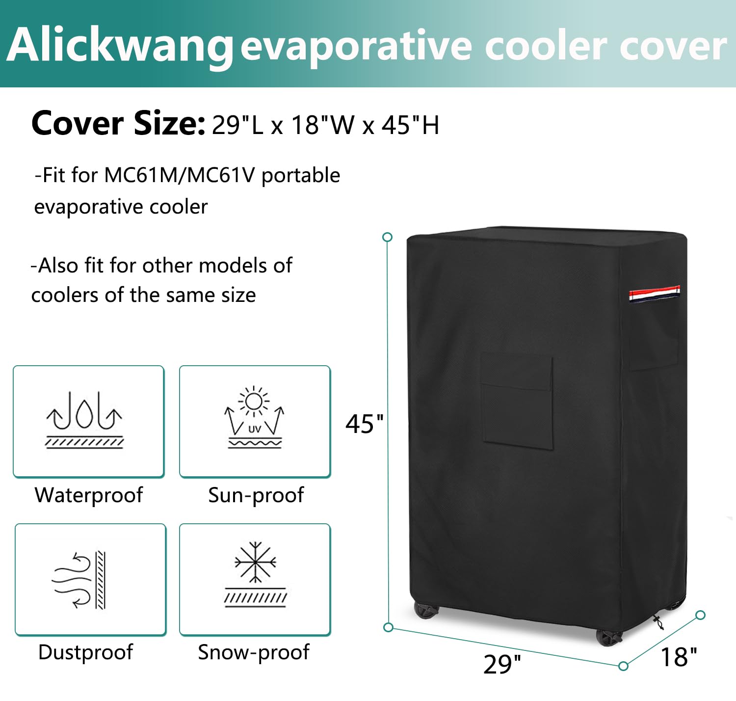 AIickwang Evaporative Cooler Cover for Hessaire MC61M/MC61V Evaporative Cooler,Outdoor Heavy Duty 600D Waterproof Swamp Cooler Cover,29"L x 18"W x 45"H,Black