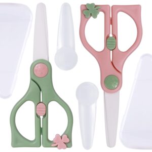 Baby Food Scissors Kicthen Shears -2Pack Portable Healthy Cute Kids Ceramic Scissors with Safety Lock and Storage Travel Case - Ideal for Cutting Meat, Chicken, Vegetables, and Fruits (Pink+Green)